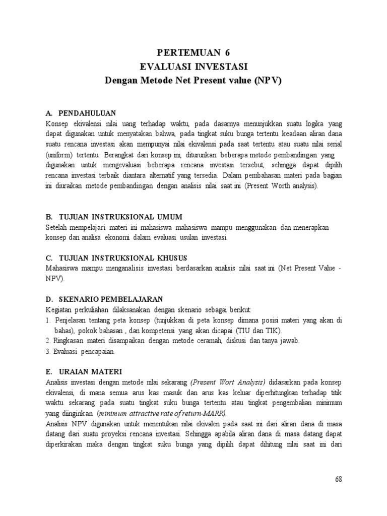 Analisis Investasi dengan Metode Nilai Sekarang (Net Present Value/NPV ...