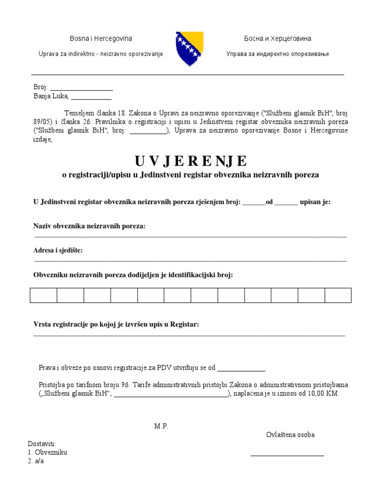 HR Izgled Uvjerenja o Registracijiupisu U Jedinstveni Registar ...