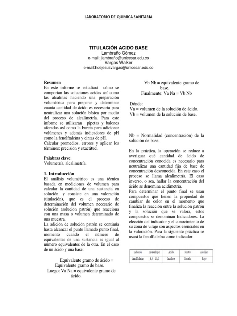 Titulación ácido-base: Determinación de la concentración de una ...