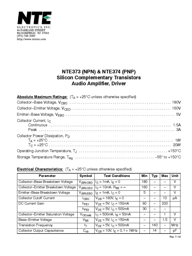 NTE373 (NPN) & NTE374 (PNP) Silicon Complementary Transistors Audio Amplifier, Driver | PDF