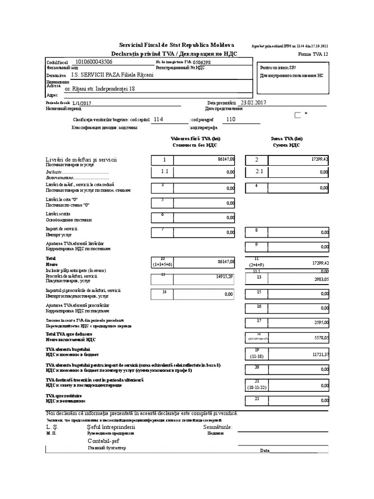 Serviciul Fiscal de Stat Republica Moldova Declaraţia privind TVA ...