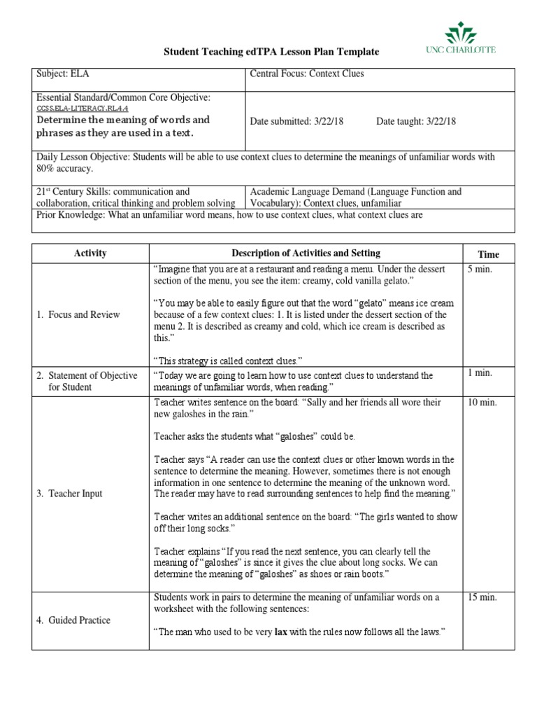 Student Teaching Edtpa Lesson Plan Template: Determine The Meaning of ...