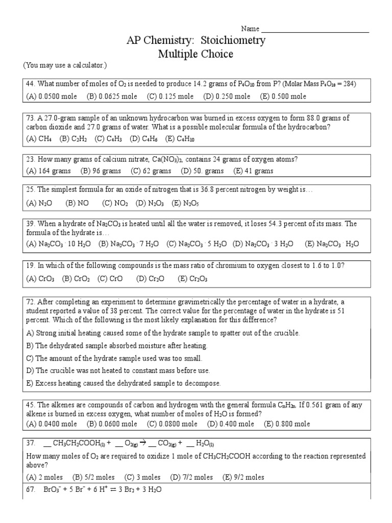 Stoichiometry (AP MC) | PDF | Mole (Unit) | Stoichiometry