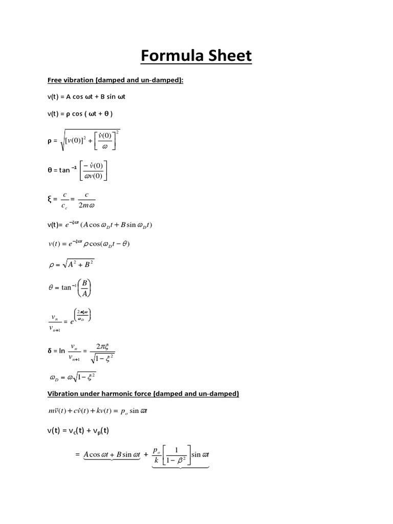 Formula Sheet: Free Vibration (Damped and Un-Damped) | PDF | Teaching Methods & Materials