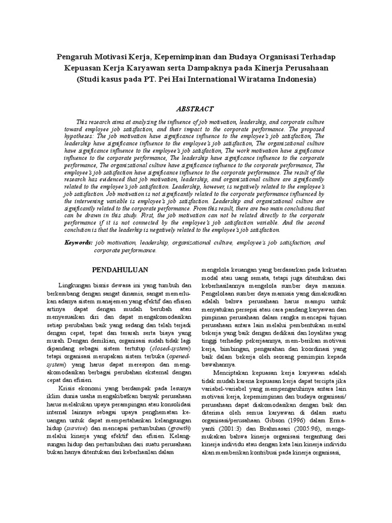 Pengaruh Motivasi Kerja Kepemimpinan Dan Budaya Organisasi Terhadap Kepuasan | PDF