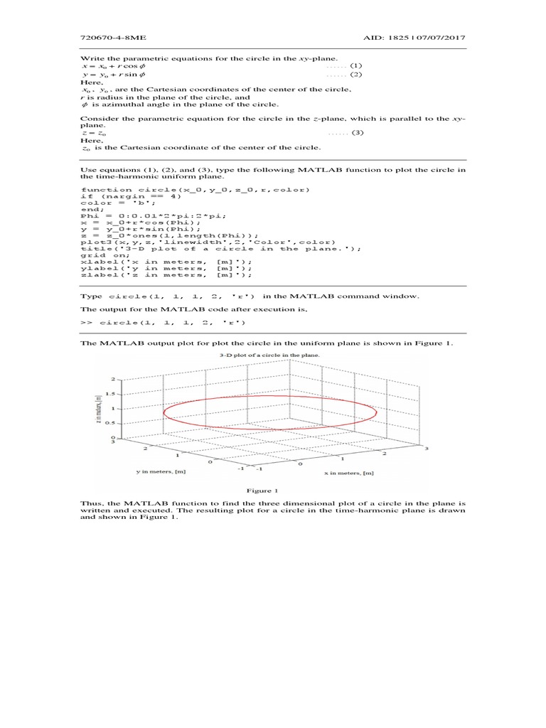 Parametric Equations for Circles and MATLAB Function to Plot a Circle ...
