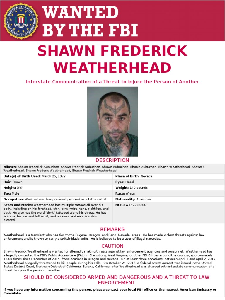 Wanted: Shawn Frederick Weatherhead | PDF | Federal Bureau Of ...