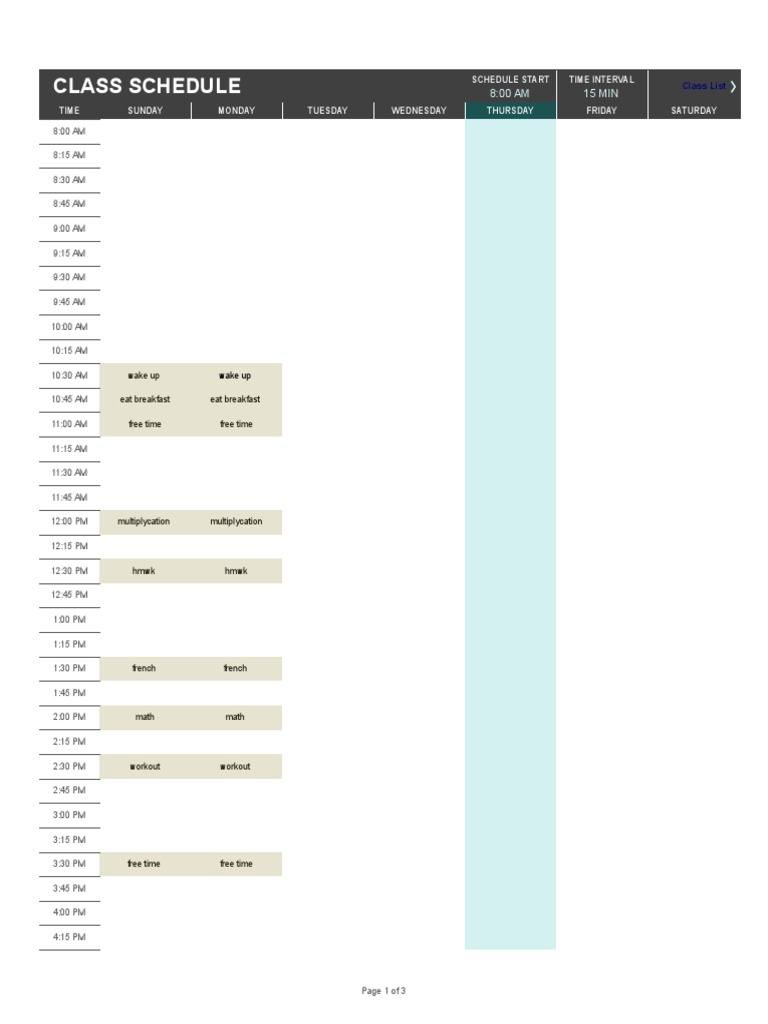 Class Schedule: Schedule Start Time Interval Time Sunday Monday Tuesday ...