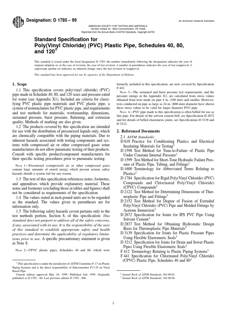 D1785 PDF | PDF | Polyvinyl Chloride | Pipe (Fluid Conveyance)