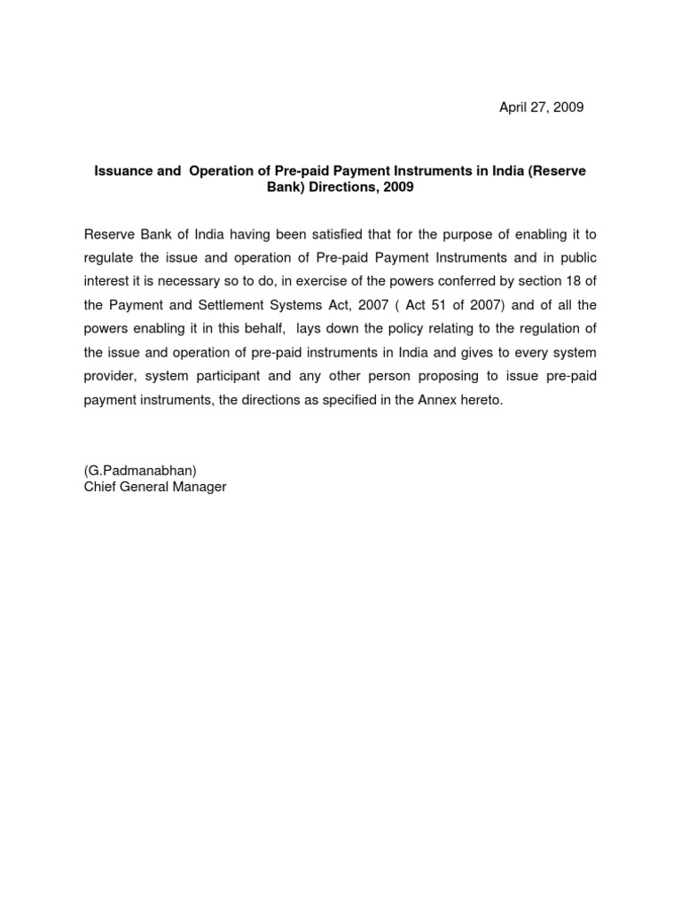 Issuance and Operation of Pre-Paid Payment Instruments in India ...