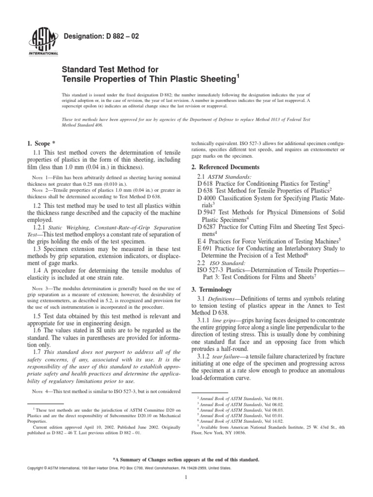 Tensile Properties of Thin Plastic Sheeting: Standard Test Method For | PDF