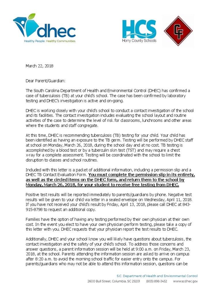 Parent Notification Letter for Testing | Tuberculosis | Health Sciences