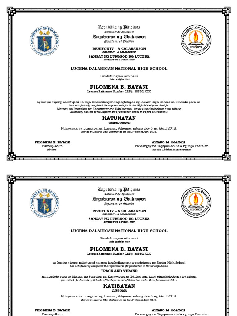 Certifacte of Completion JHS SHS | PDF