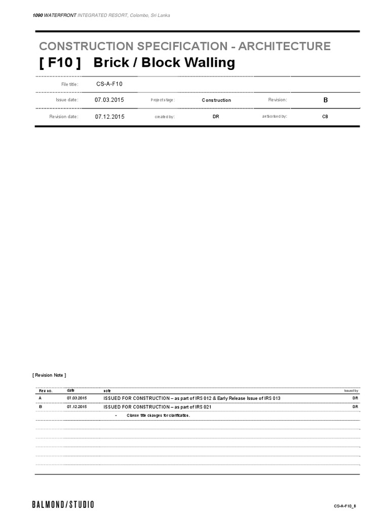 Specification CS-A-F10 B Brick Block Walling | PDF | Brick | Masonry