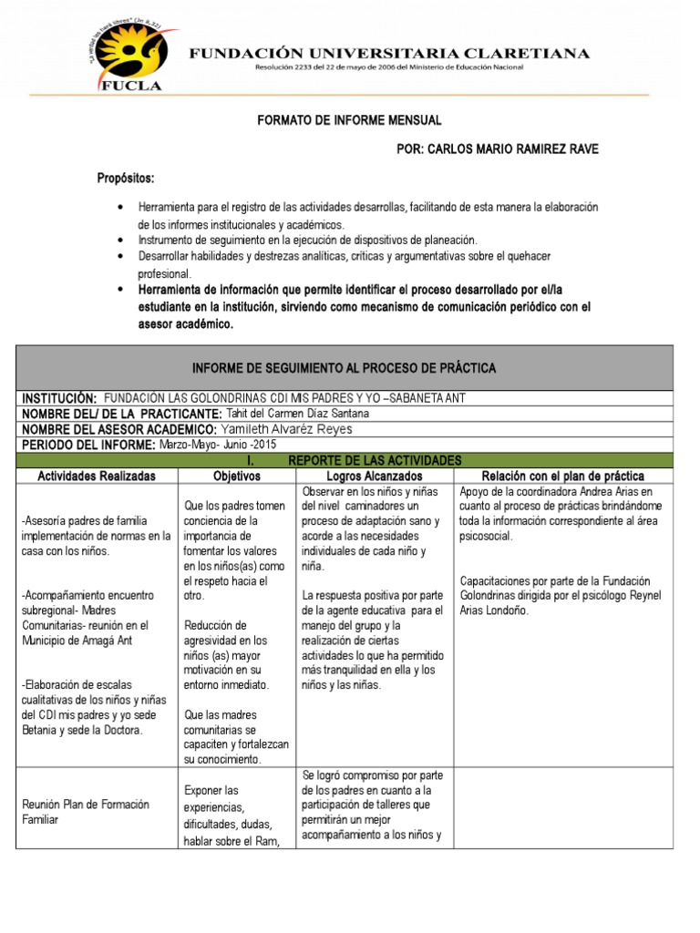 3 - Formato Informe Mensual PR - Ctica - Doc Abril y Mayo | PDF | Maestros | Trabajo Social