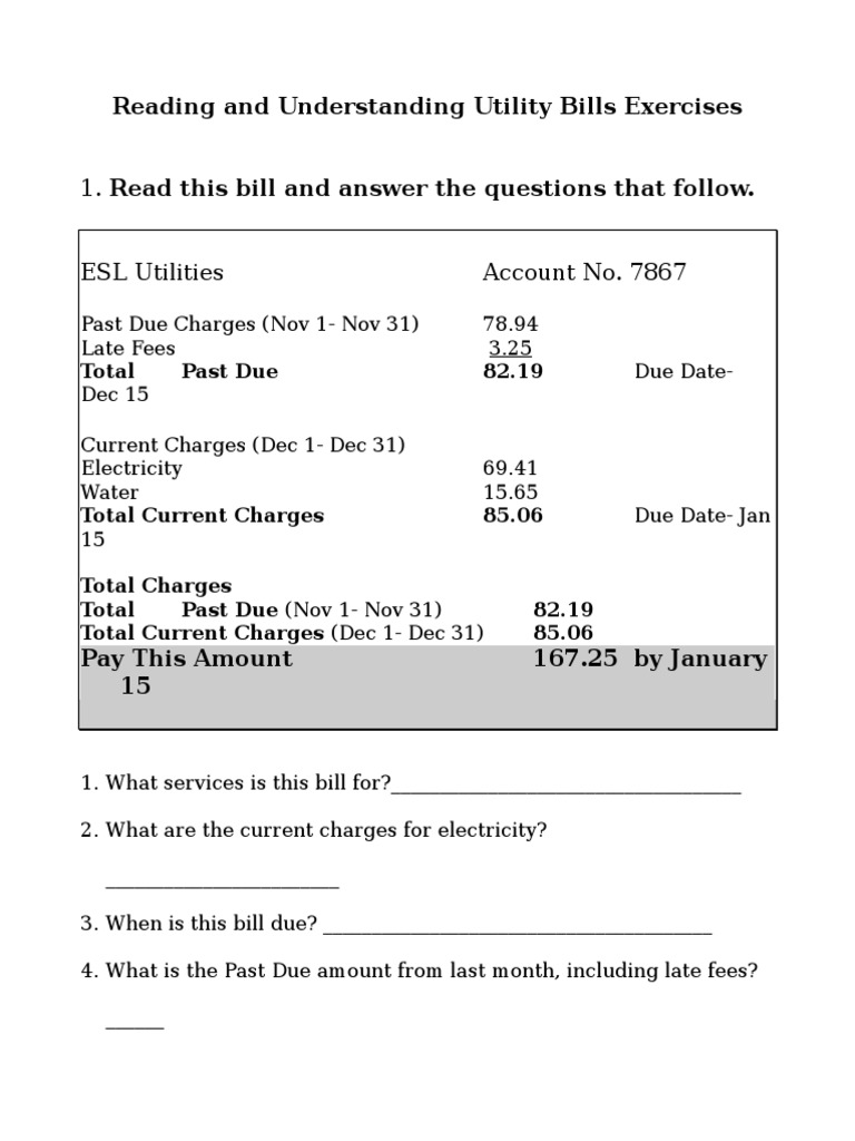 Understanding Utility Bills Exercises | PDF | Fee | Payments