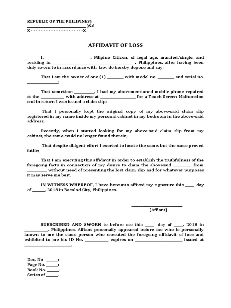Affidavit of Loss: Claiming a Repaired Mobile Phone Without the Original Claim Slip | PDF