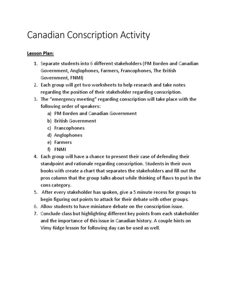 Canadian Conscription Activity: Lesson Plan | PDF | Government | Armed ...