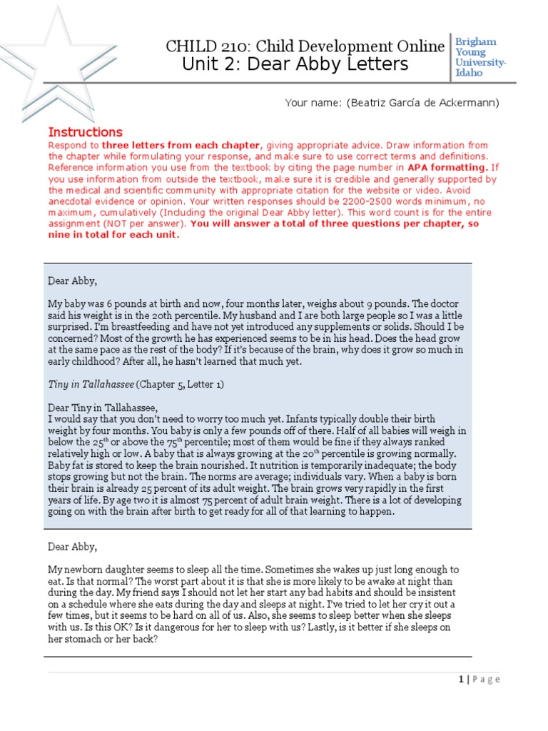 Dear Abby Unit 2 (CHILD210-02) (2) - Bea | PDF | Attachment Theory ...