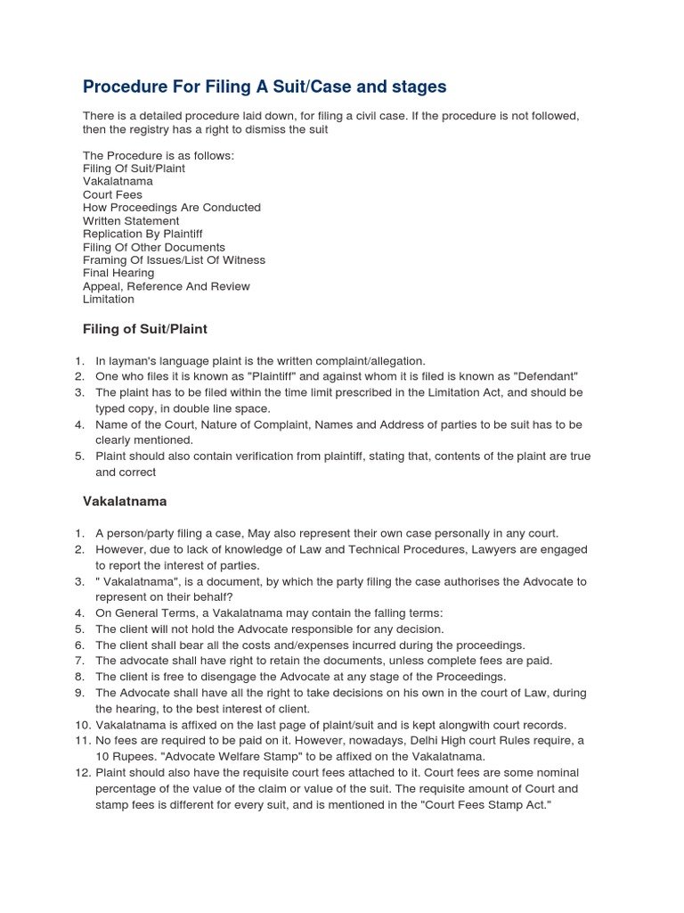 Procedure For Filing A Suit and Stages | PDF | Lawsuit | Appeal