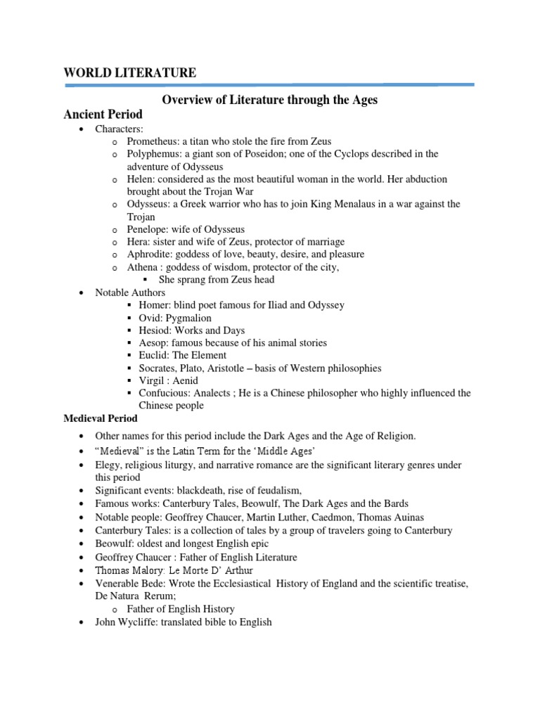 World Literature Overview of Literature Through The Ages Ancient Period ...