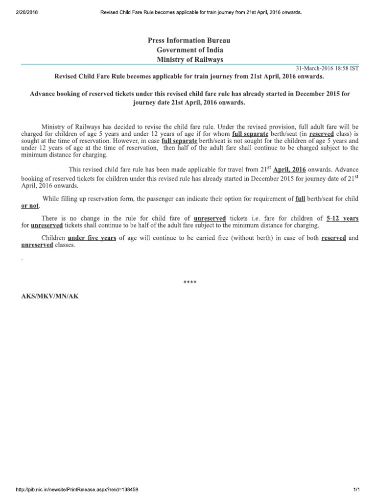 Revised Child Fare Rule Becomes Applica... Journey From 21st April ...