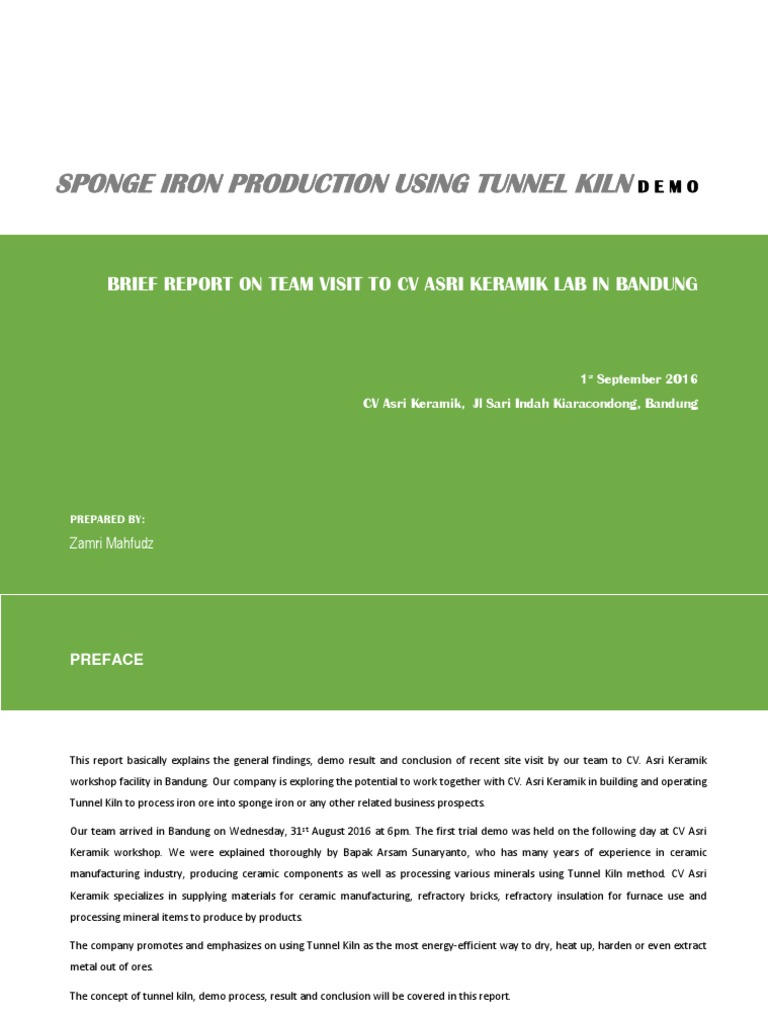 Sponge Iron Production Using Tunnel Kiln Report | PDF | Iron Ore | Smelting