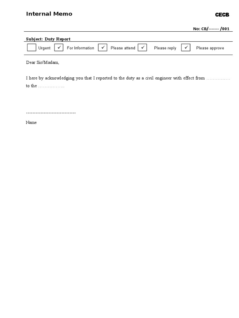Internal Memo: No: CB/ - /001 Subject: Duty Report | PDF