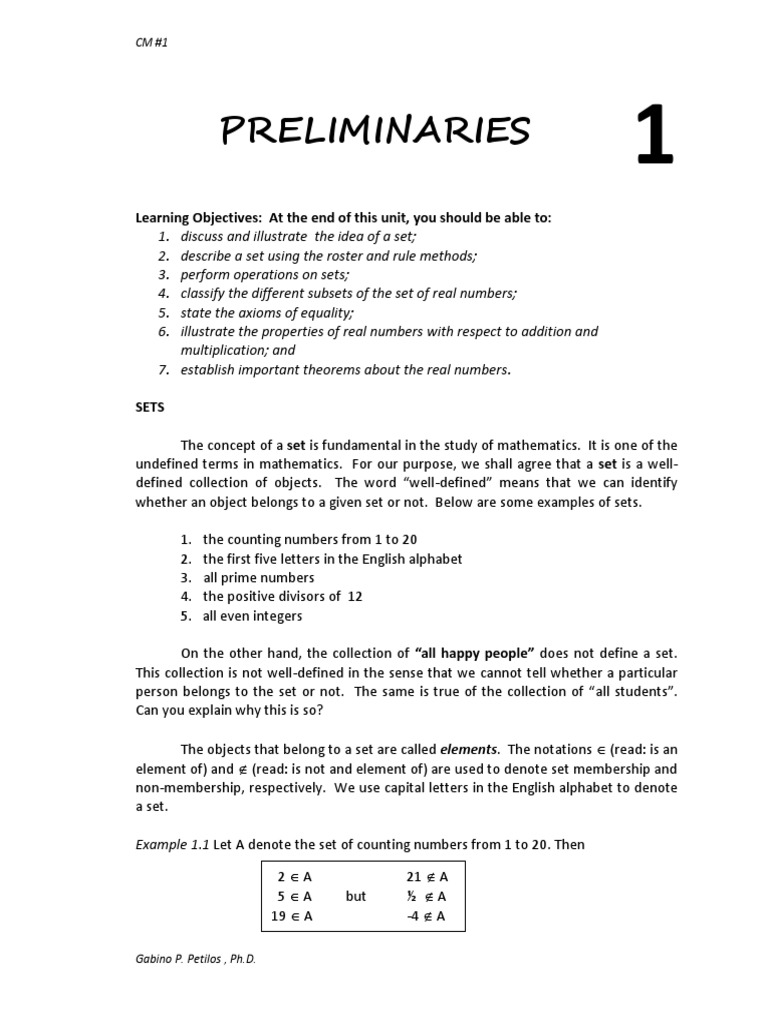 CM #1 (Preliminaries) | PDF | Set (Mathematics) | Fraction (Mathematics)