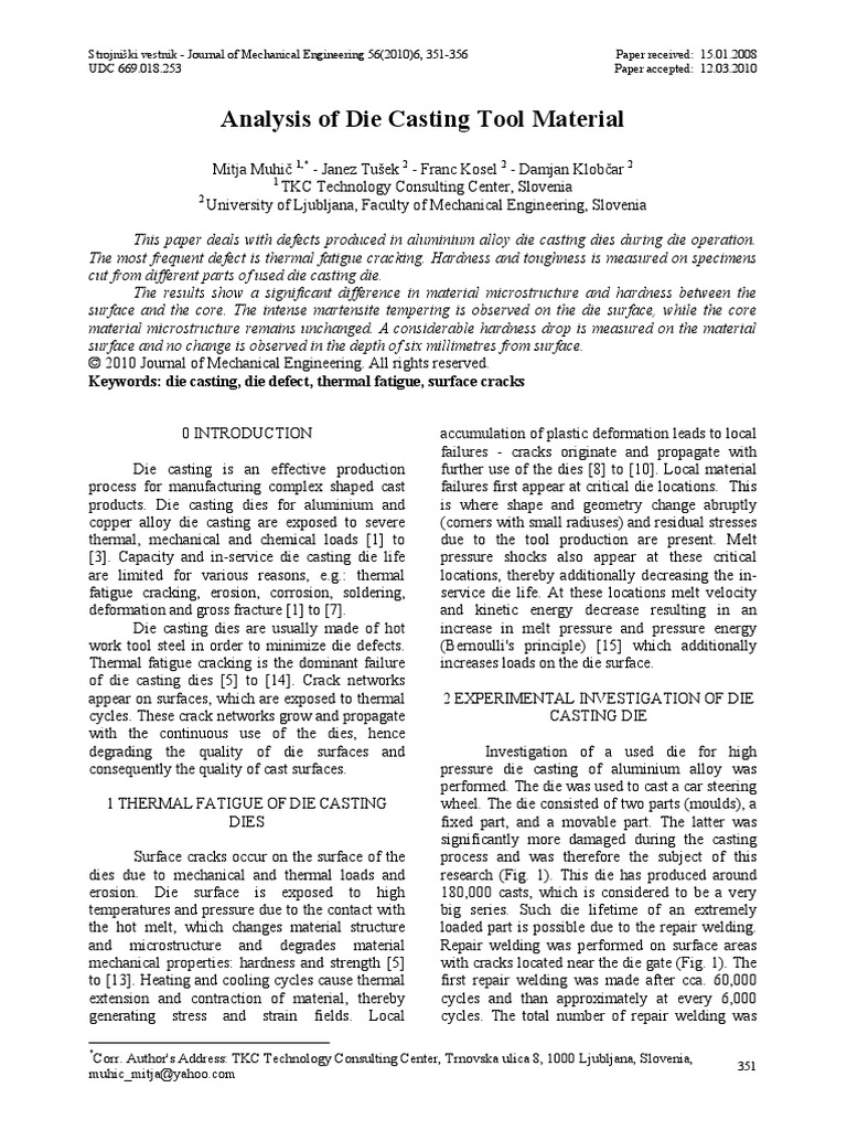 Analysis of Die Casting Tool Material: Keywords: Die Casting, Die ...