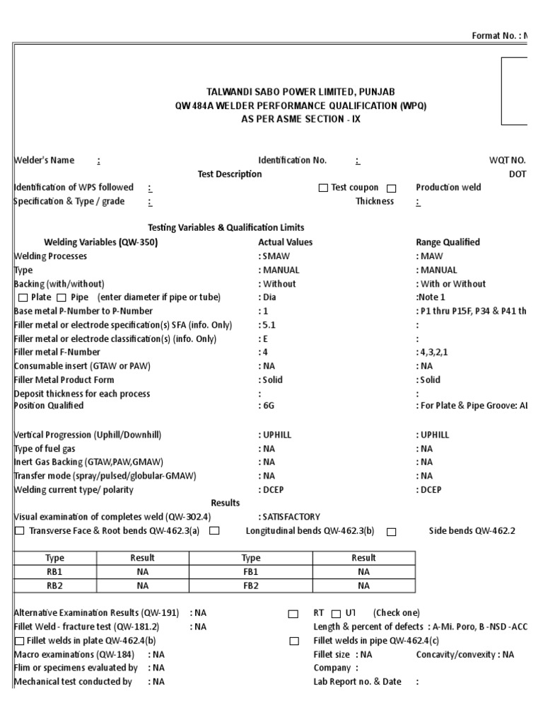 WPQ Format | PDF | Welding | Construction