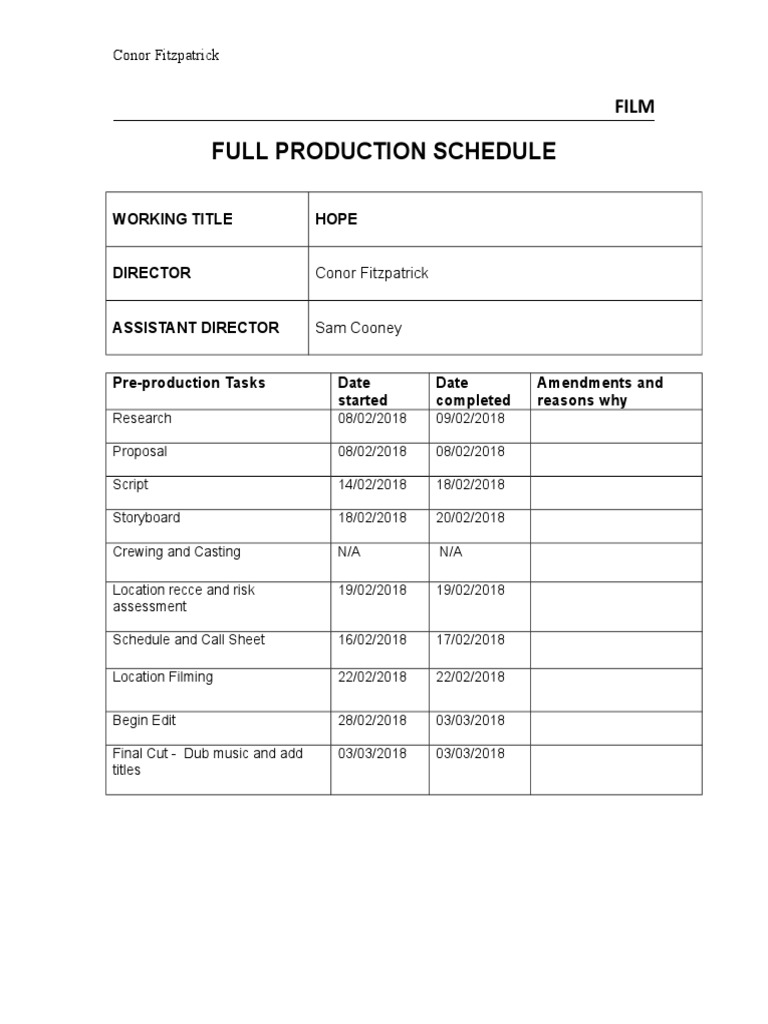 Hope Film Production Schedule | PDF | Technology & Engineering