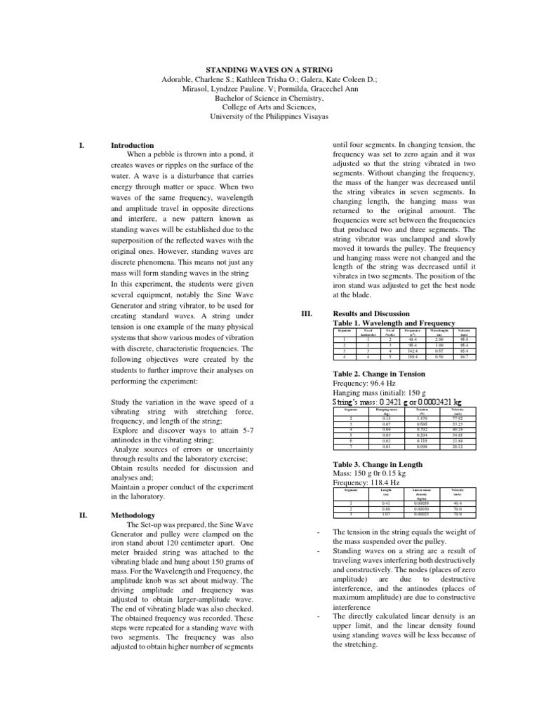 Standing Waves On A String Experiment Pdf Waves Wavelength