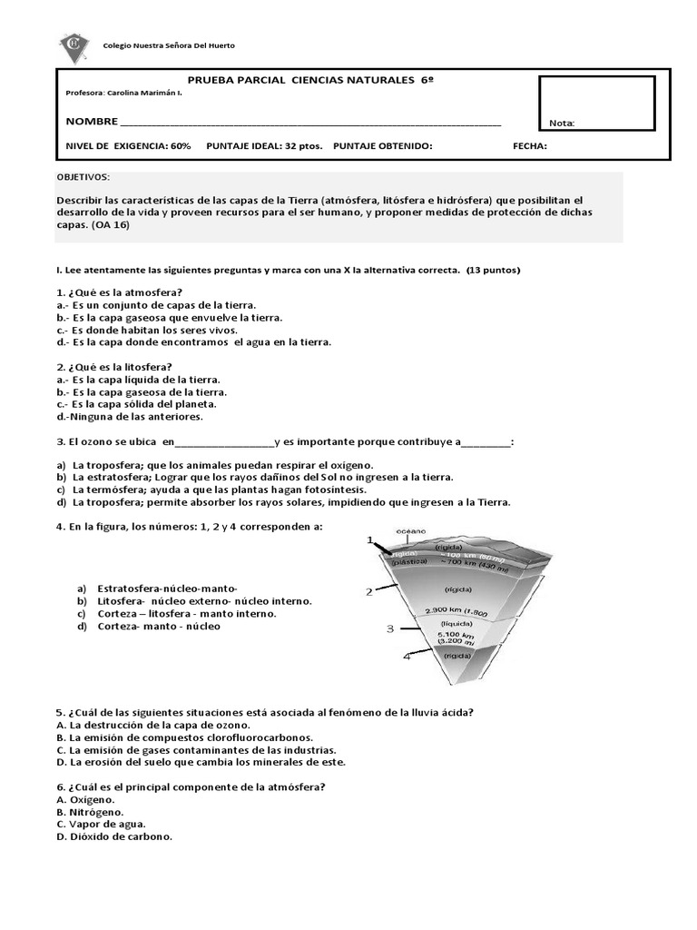 Prueba sobre las Capas de la Tierra 6º Básico | PDF | Atmósfera | Tierra