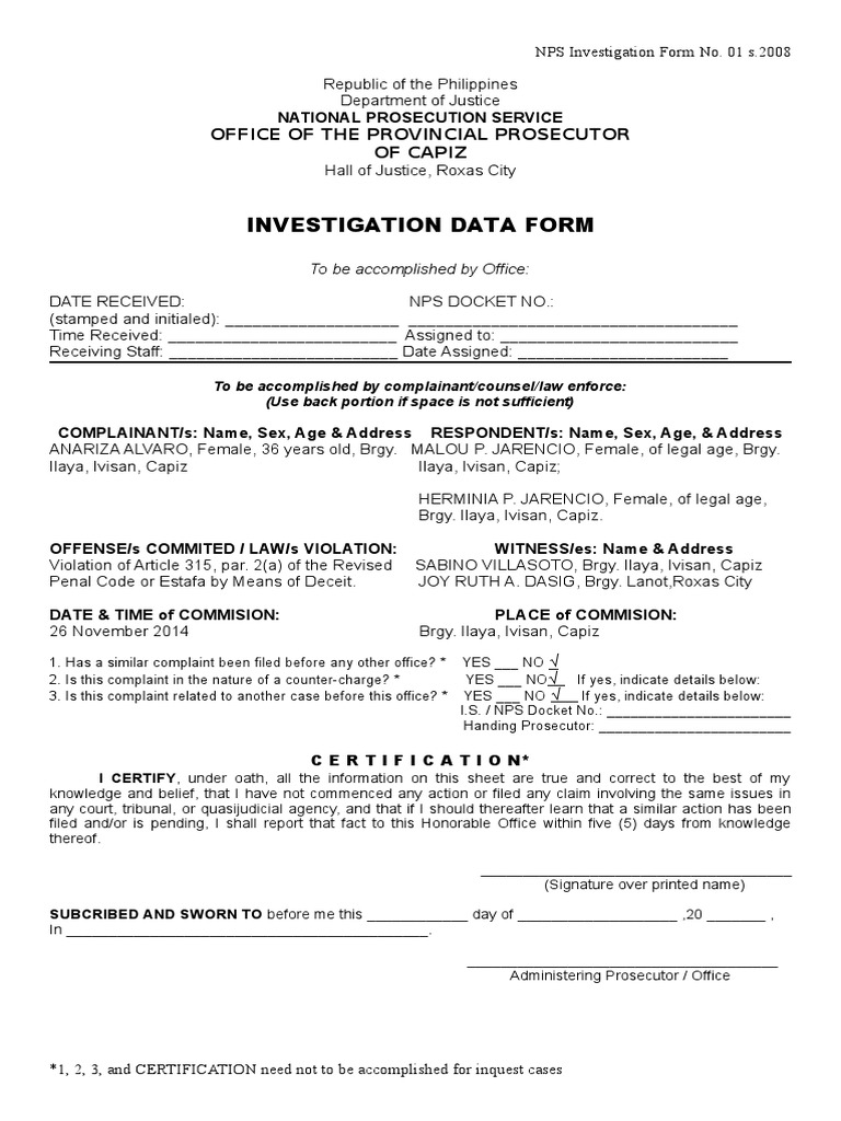 Investigation Form Fiscal | PDF | Prosecutor | Complaint