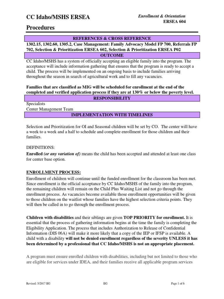 ERSEA 604 Enrollment & Orientation PDF | PDF | Individualized Education ...