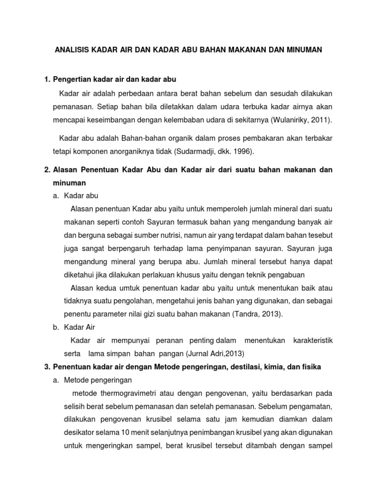 Analisis Kadar Air Dan Kadar Abu Bahan Makanan Dan Minuman | PDF Analisis Kadar Air Dan Kadar Abu Bahan Makanan Dan Minuman | PDF