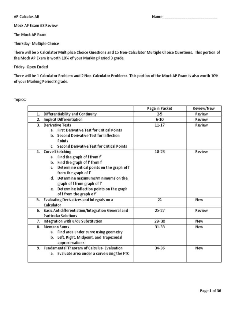 Mock AP Exam 3 Review - MC Problems | PDF | Integral | Derivative