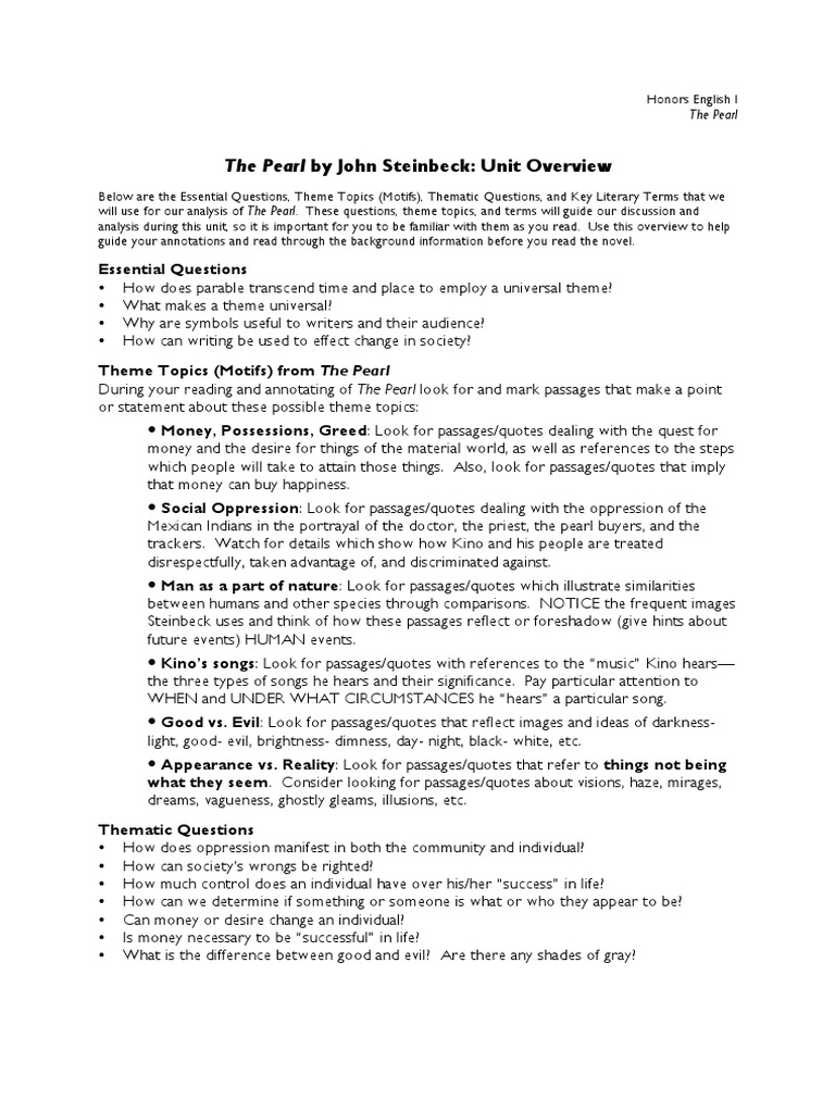 Guiding Questions for Understanding The Pearl | PDF