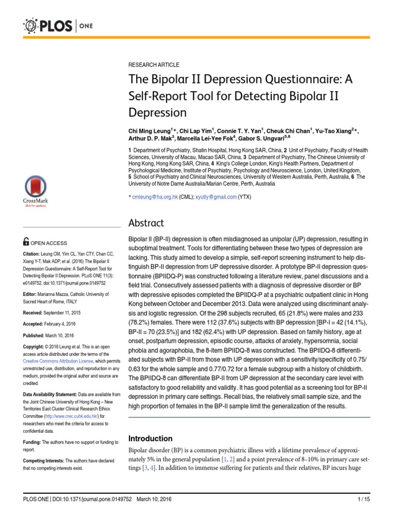 The Bipolar II Depression Questionnaire: A Self-Report Tool For ...