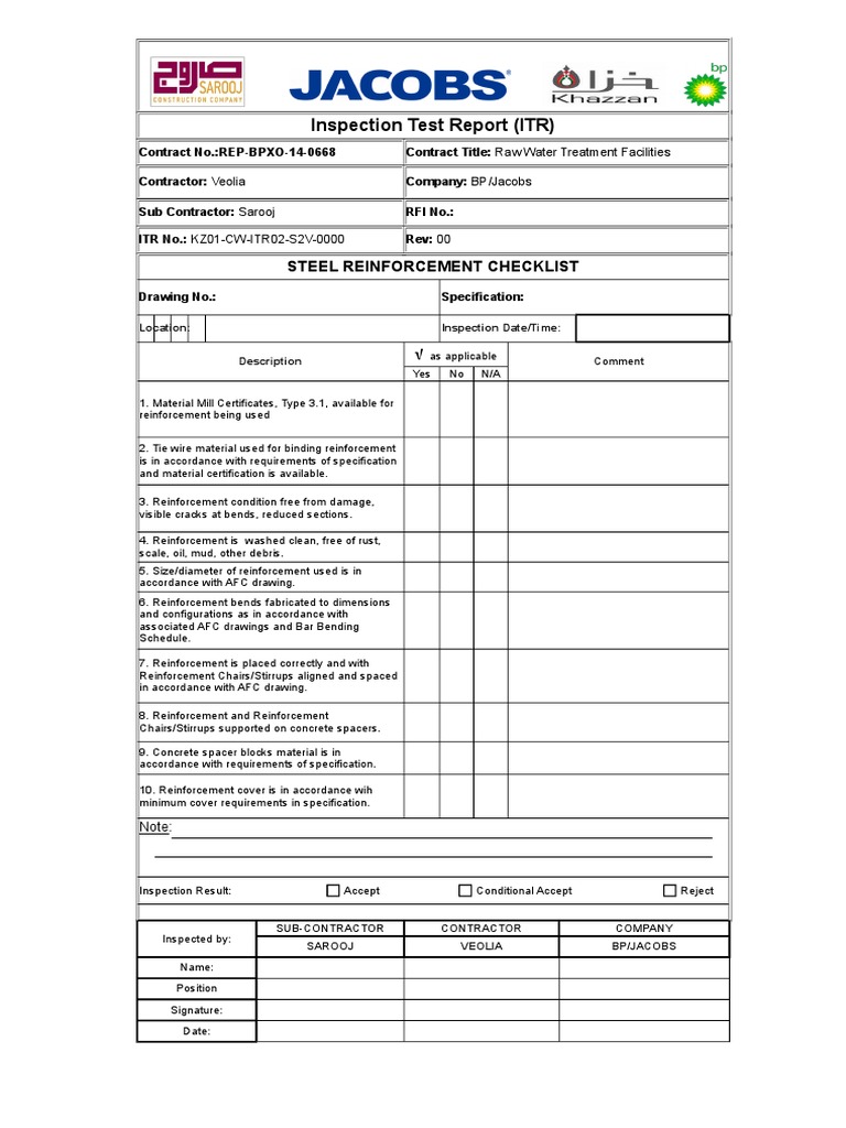 Inspection Test Report (ITR) : Steel Reinforcement Checklist | PDF