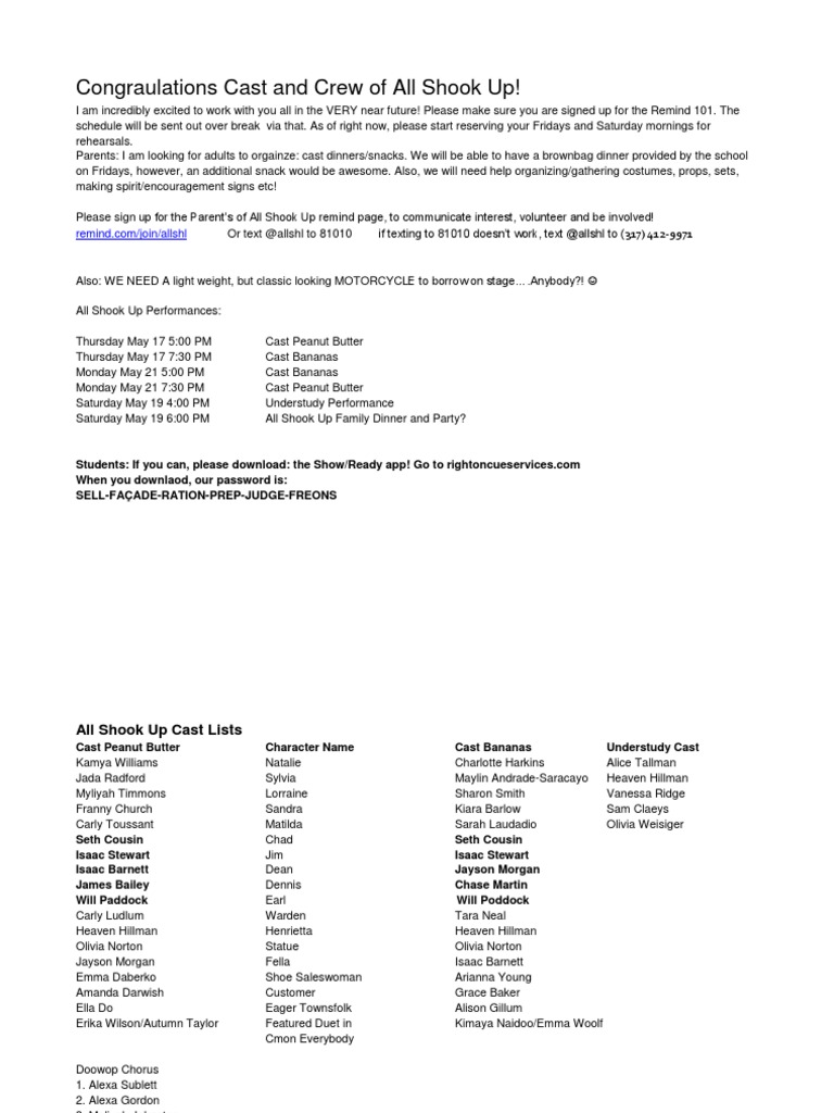 All Shookk Up Cast List | PDF | Broadway Theatre | Musicals