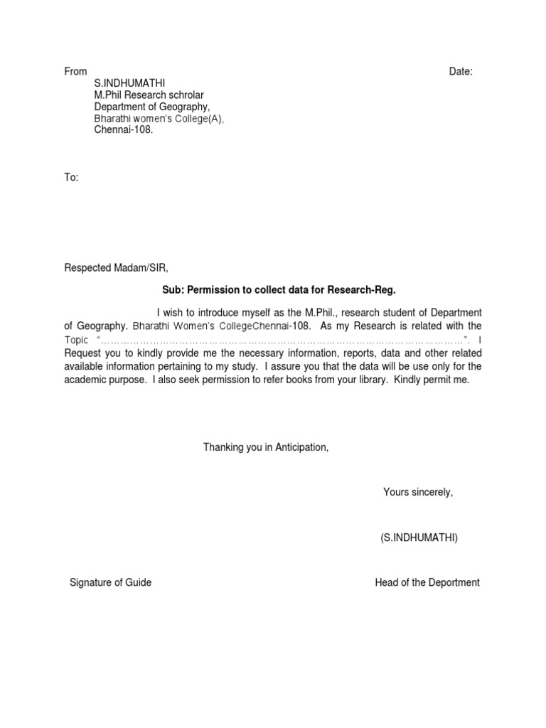 Sub: Permission To Collect Data For Research-Reg | PDF