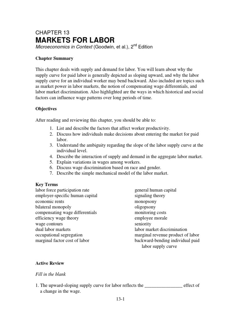 Markets For Labor: Microeconomics in Context (Goodwin, Et Al.), 2 | PDF ...