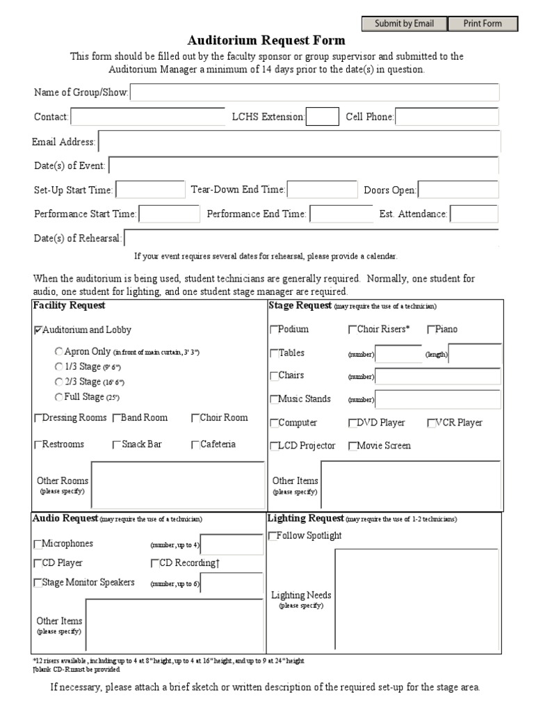 Auditorium Request Form: Facility Request Stage Request | PDF | Theatre ...