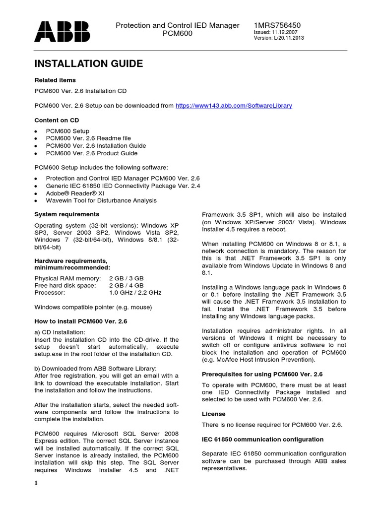 Installation Guide: Protection and Control IED Manager PCM600 ...