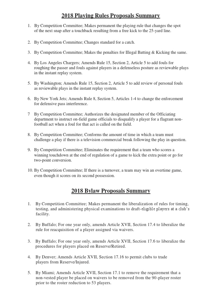2018 NFL Rules & Bylaws Proposal | PDF | Touchdown | American Football