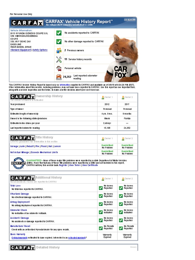 CARFAX Vehicle History Report | PDF | Used Car | Department Of Motor ...