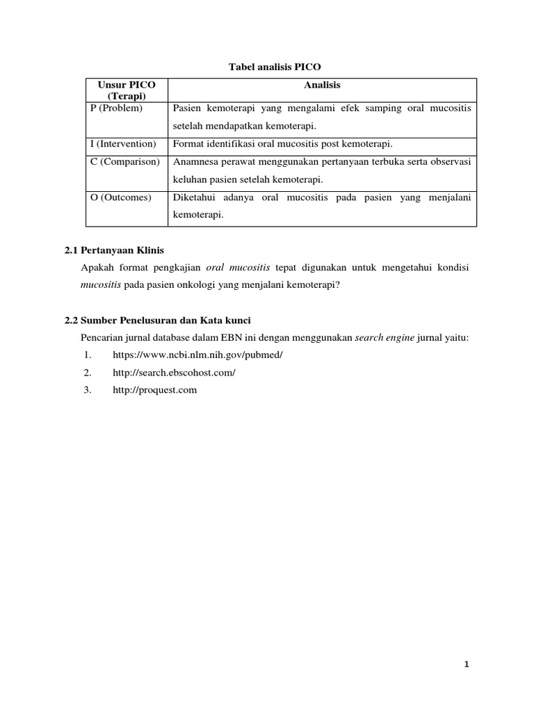 Tabel Analisis PICO pada Mucositis | PDF | Sains & Matematika