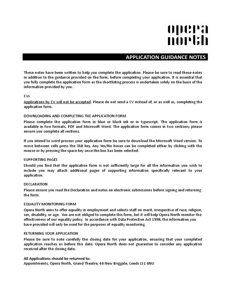 Opera North Application Guidance Notes | PDF
